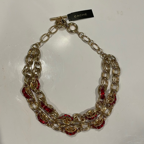 Cache | Jewelry | Cache Gold Toned Large Linked Red Rhinestone Necklace ...